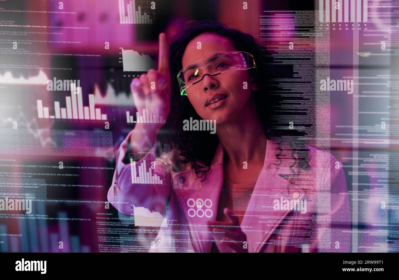 Business woman, night and screen data analysis with VR, analytics and ...