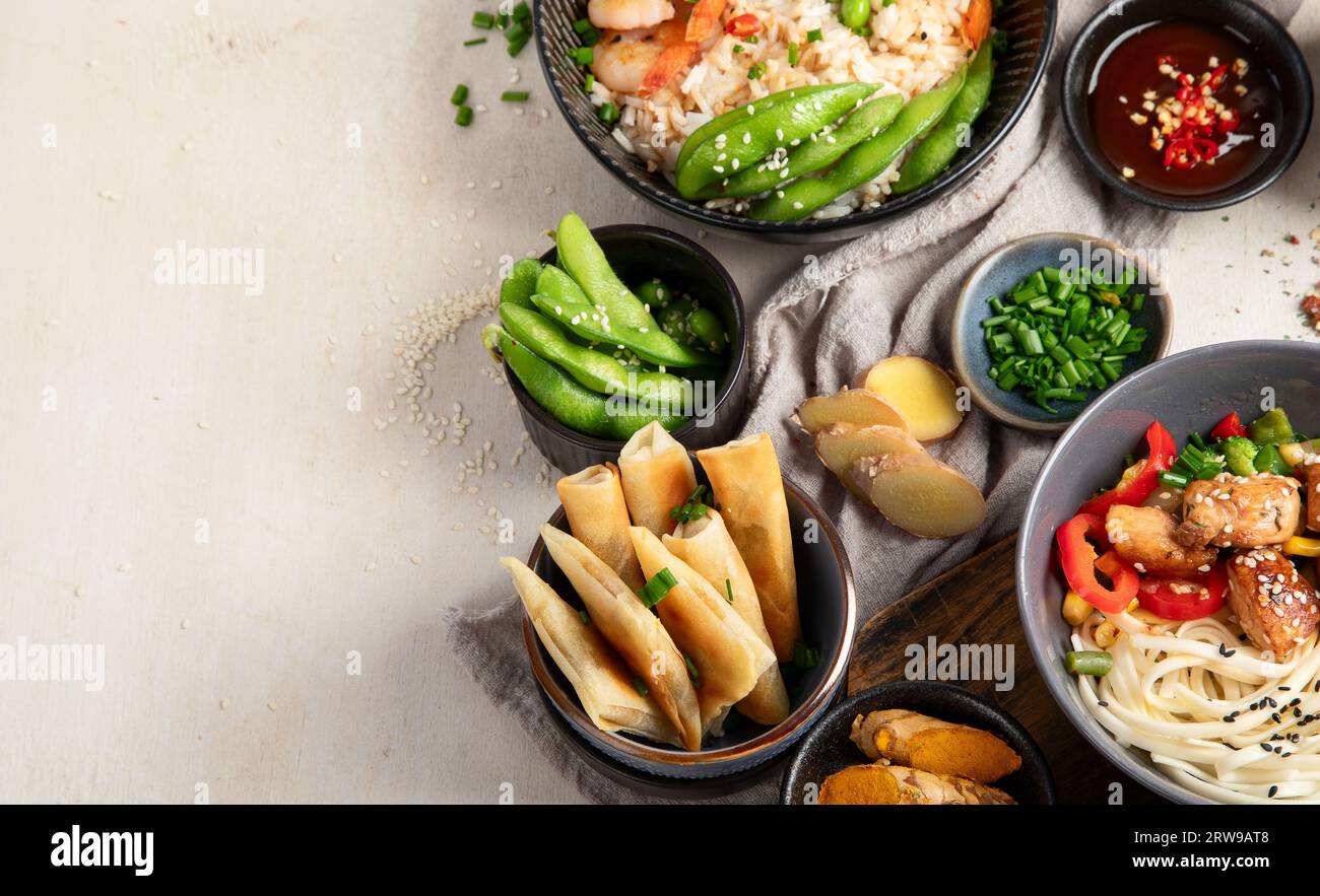 Assortment of traditional asian dishes. Asian food concept. Top view ...