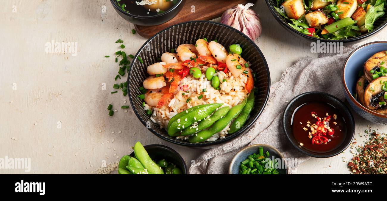 Assortment of traditional asian dishes. Asian food concept. Top view ...