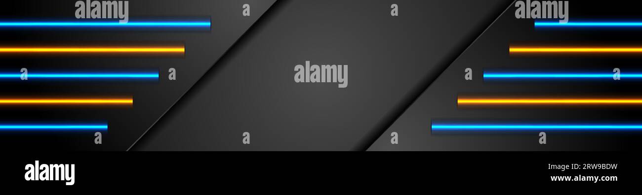 Black tech abstract banner design with blue and orange neon glowing ...