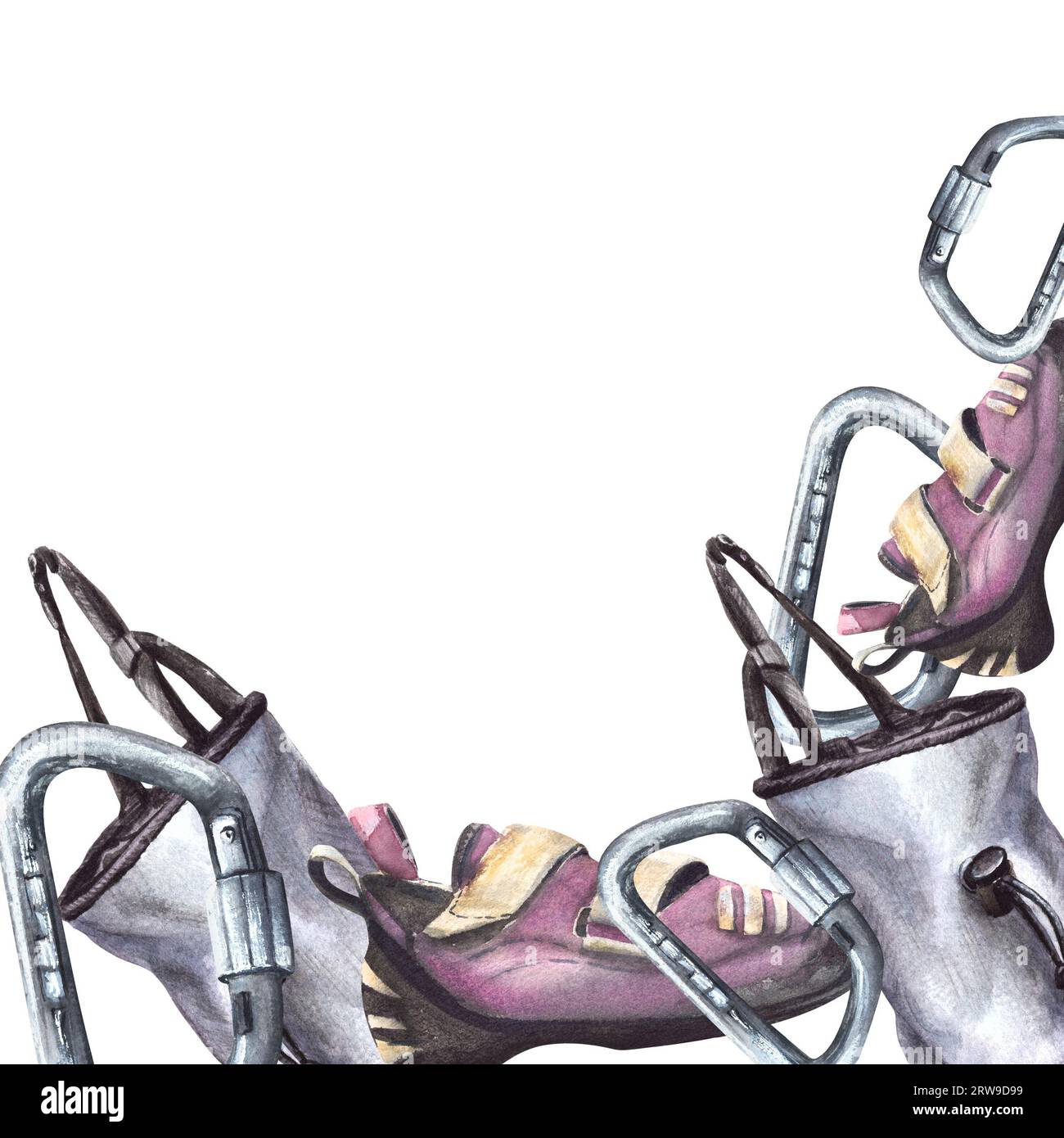 Climbing corner frame. Sport shoes, carabiners, magnesia bag. Equipment ...