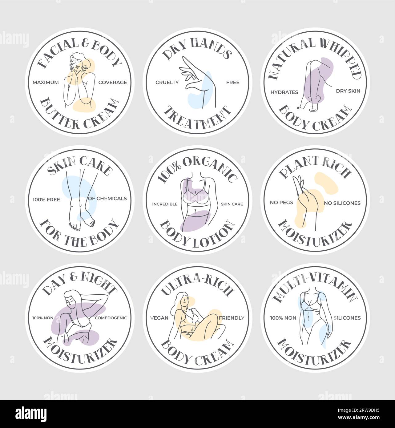 Round label set for body cream package design. Sticker collection with ...