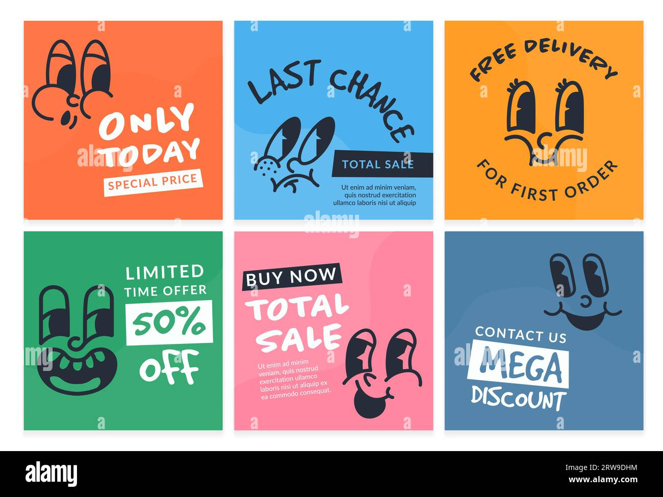 Social media post set with special offer promotion. Line face emotions ...