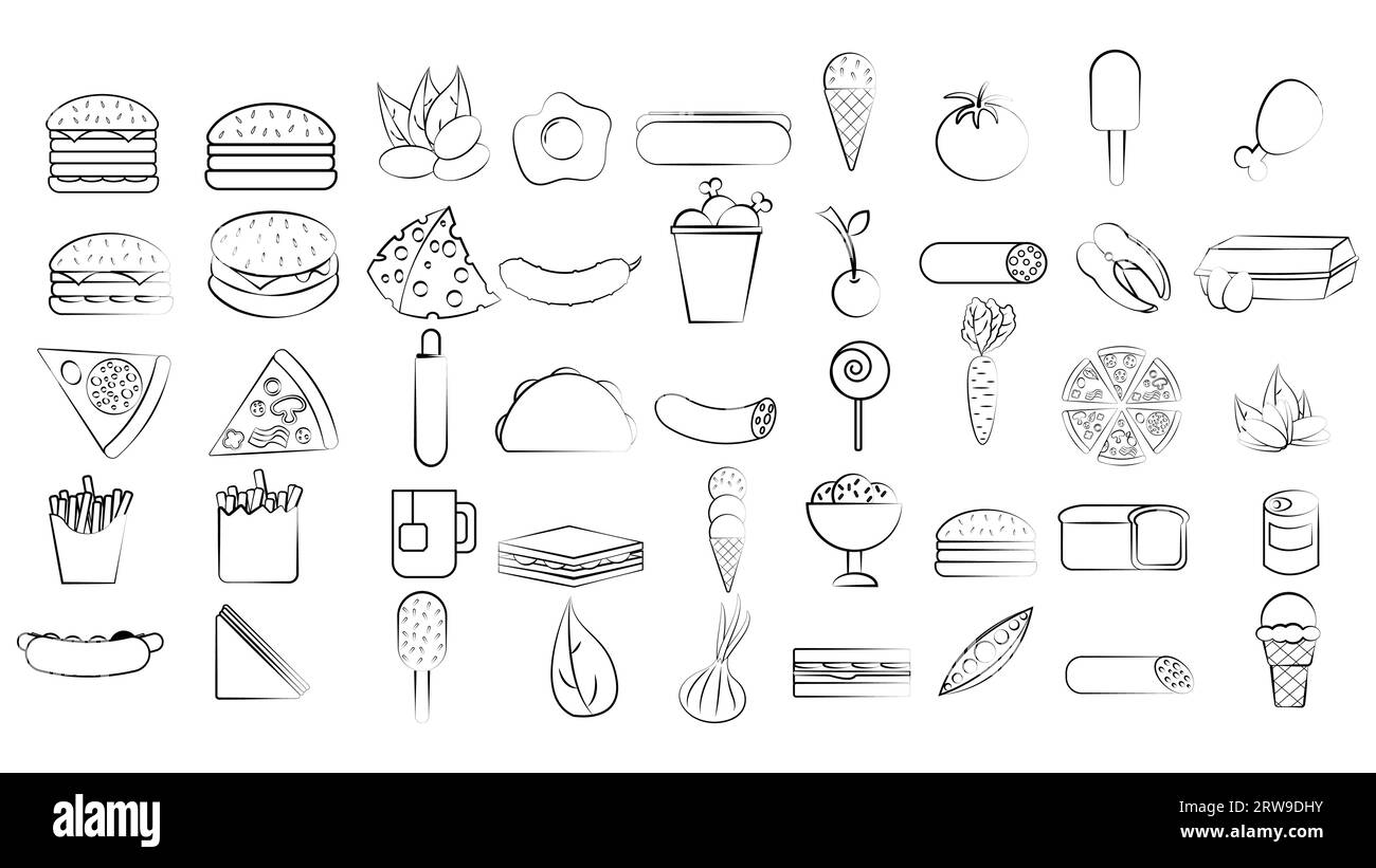Black and white set of 45 food and snack items icons for restaurant bar ...