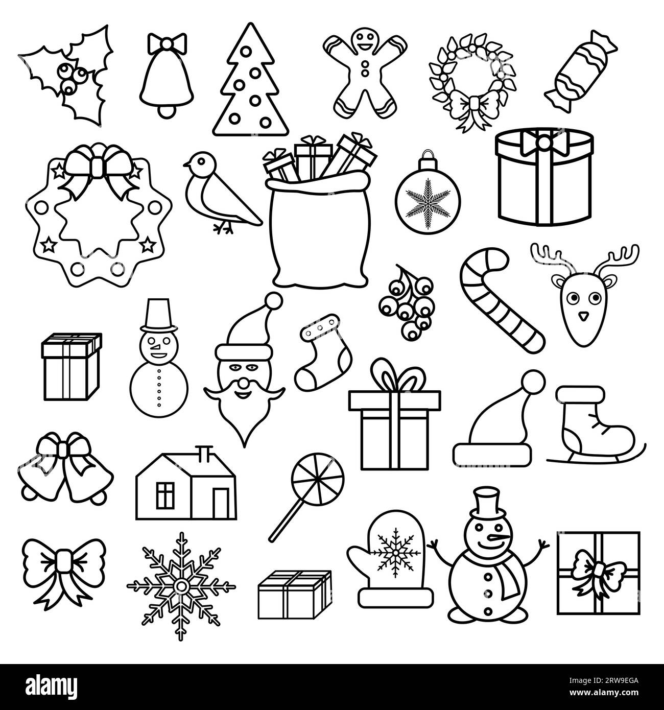 A large set of black and white simple icons of linear festive New Year ...