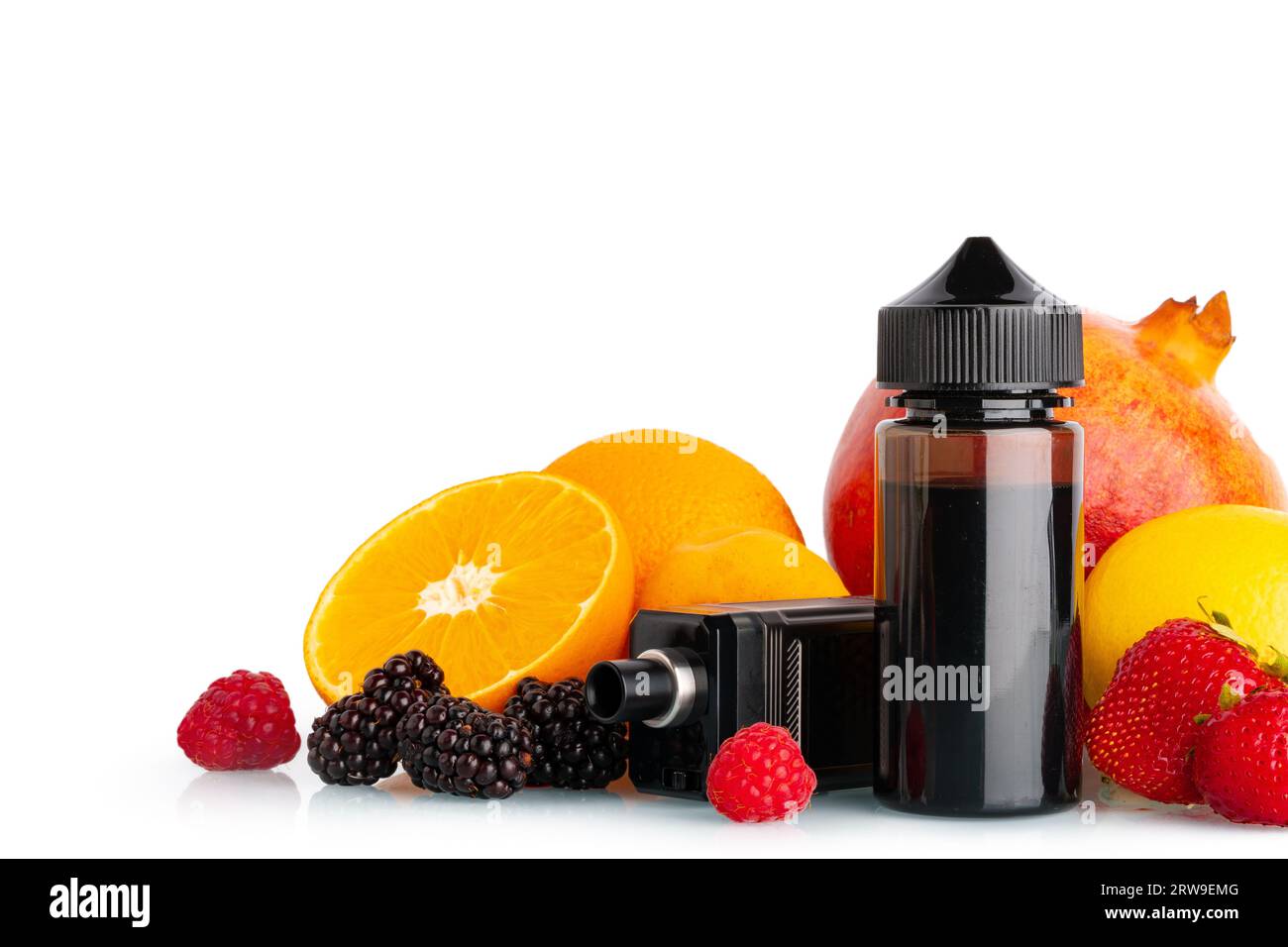 Vape and smoking liquid with fruit flavor on white background Stock ...