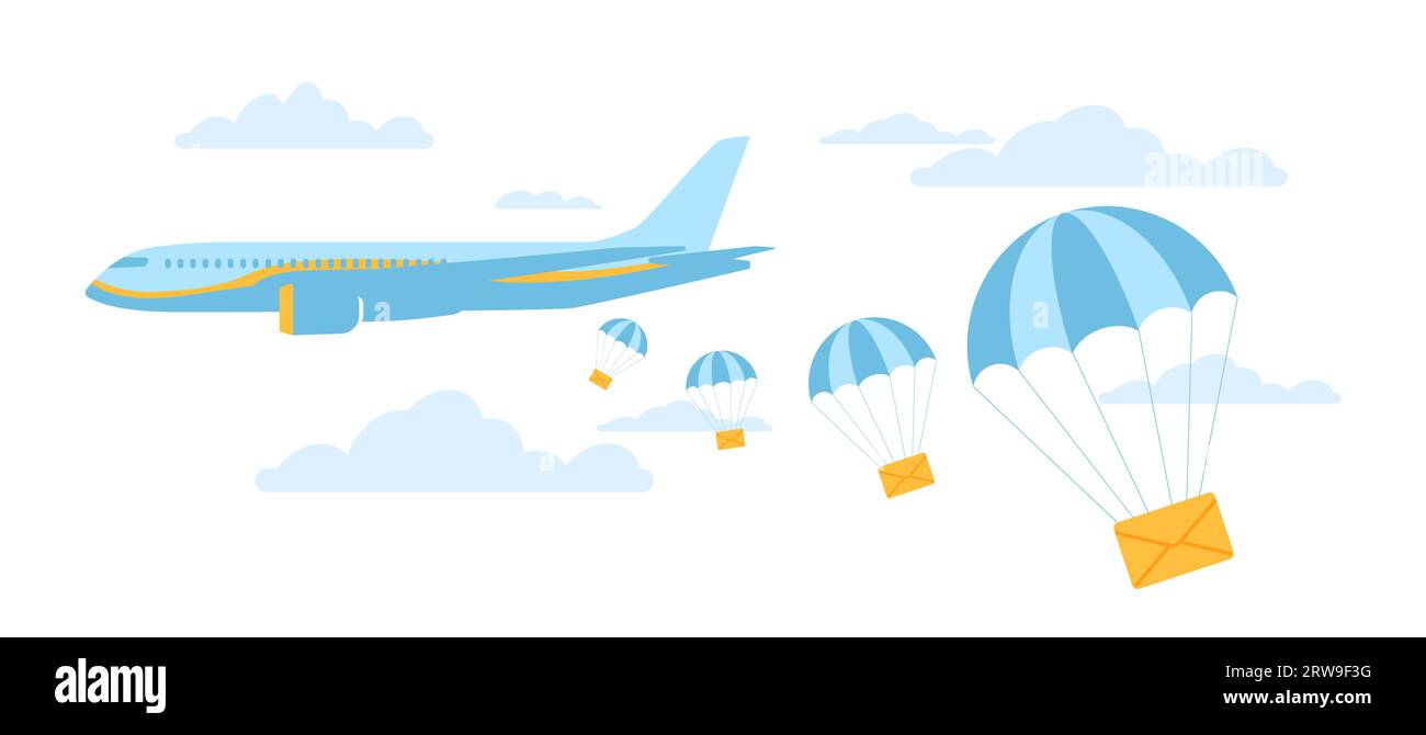 Air mail. Parachuted envelopes flying down from airplane. Aerial ...