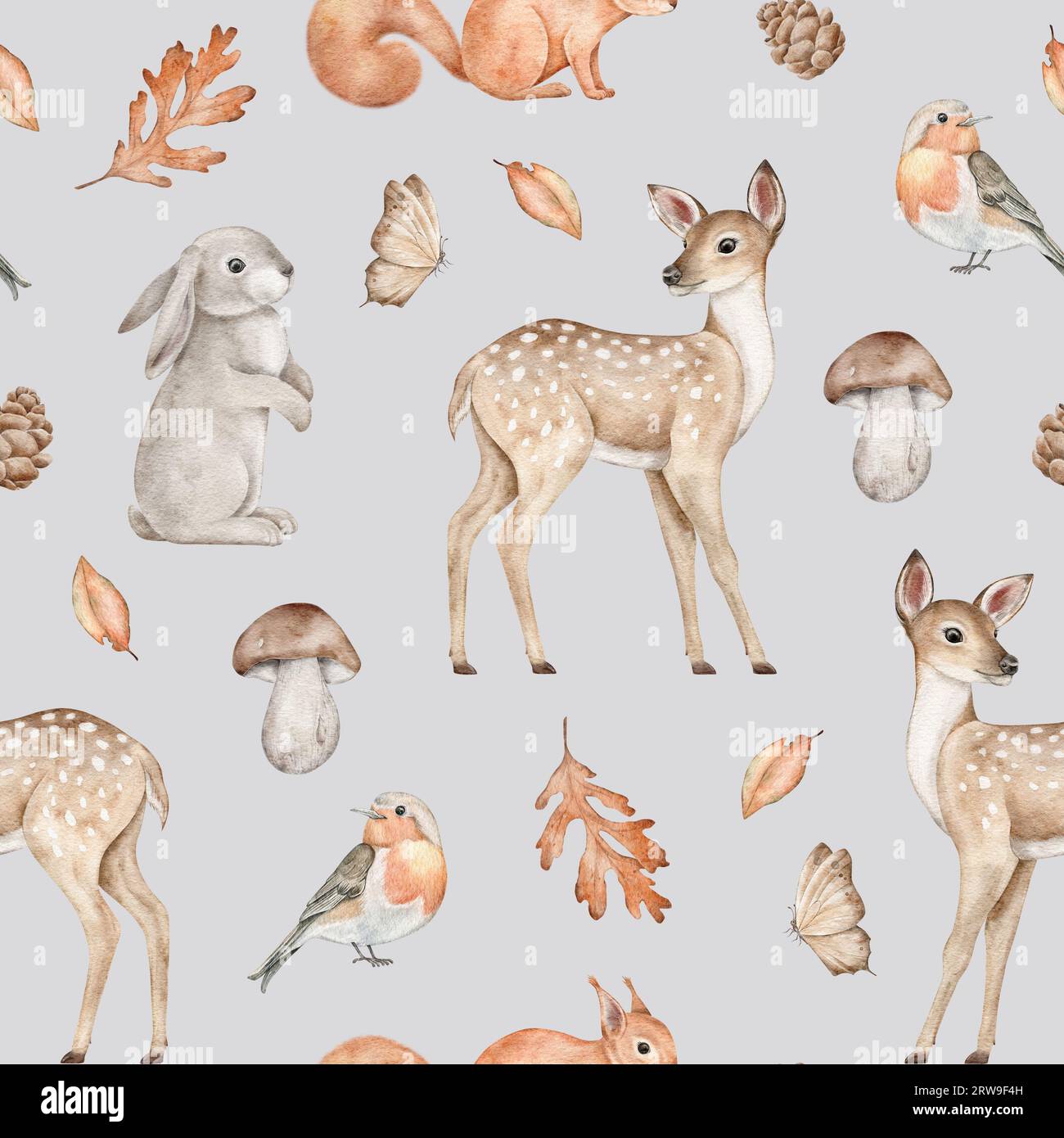 Seamless pattern with deer, rabbit, squirrel, bird, butterfly, pine ...