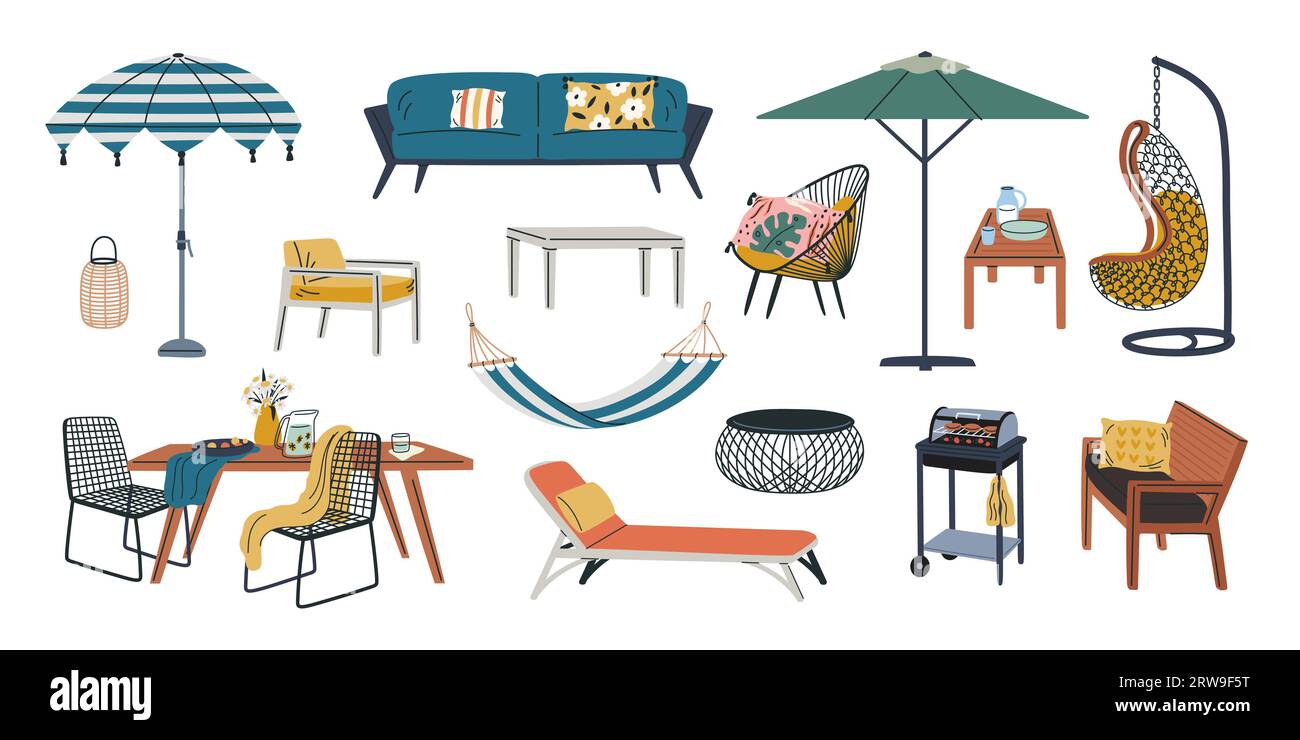 Cartoon garden furniture. Backyard relax objects. Territory landscaping ...