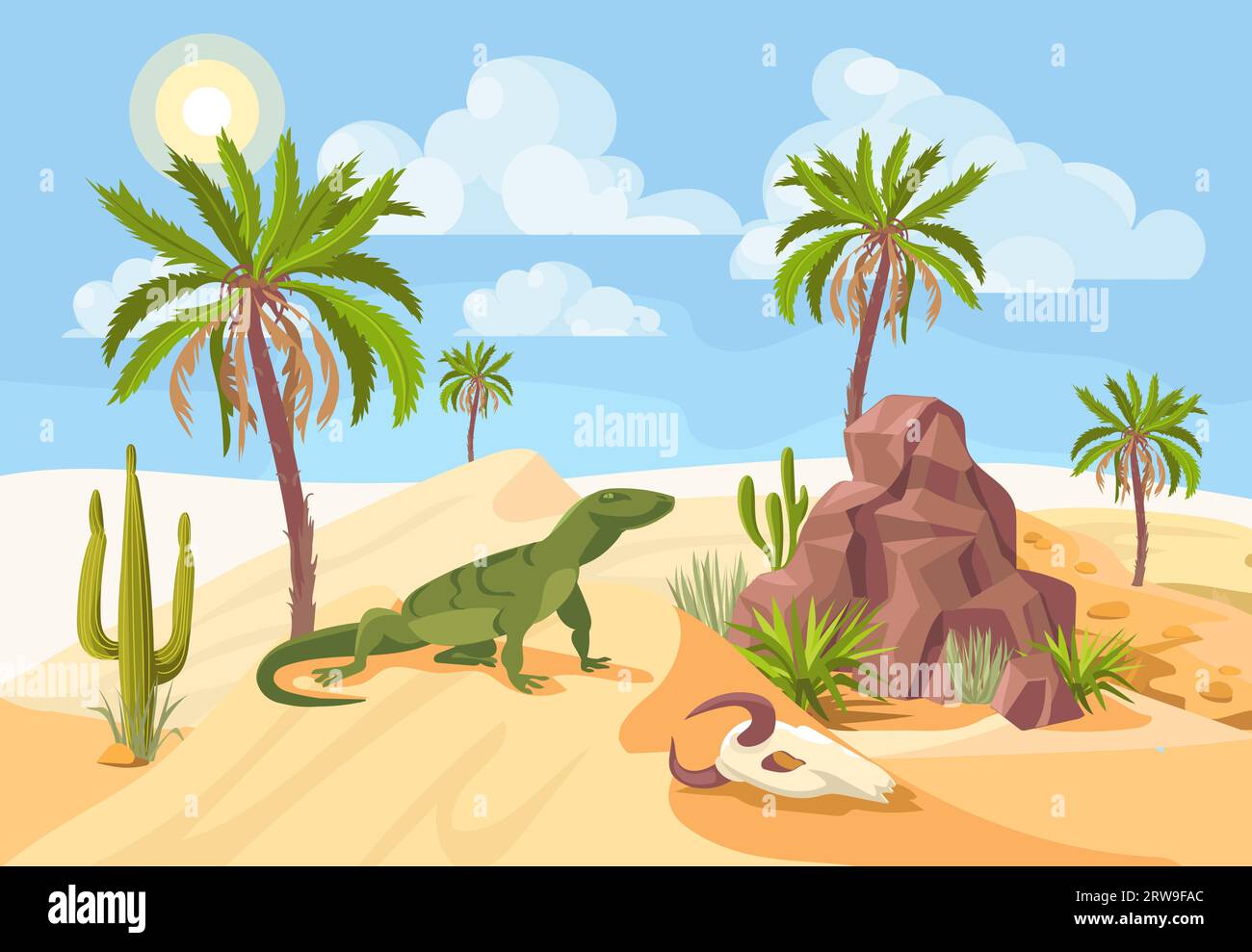 Desert landscape. Dry and hot climate. Monitor lizard sits on sand dune ...