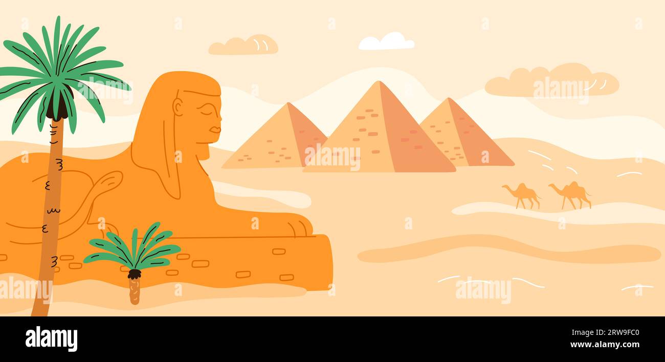 Desert sand landscape with pyramids and camels. Egypt architecture and ...