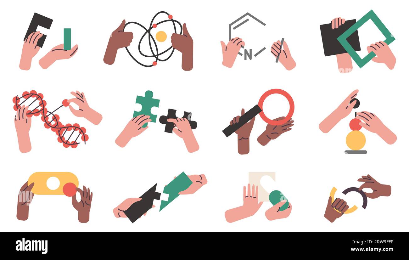 Hands with puzzles. Abstract geometric shapes. People collect piece ...