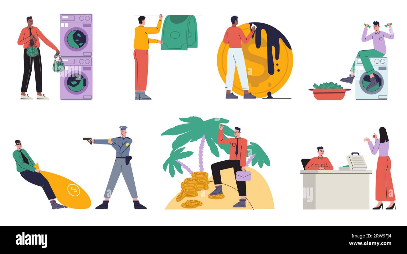 Illegal money laundering. People wash and dry banknotes. Corruption and ...