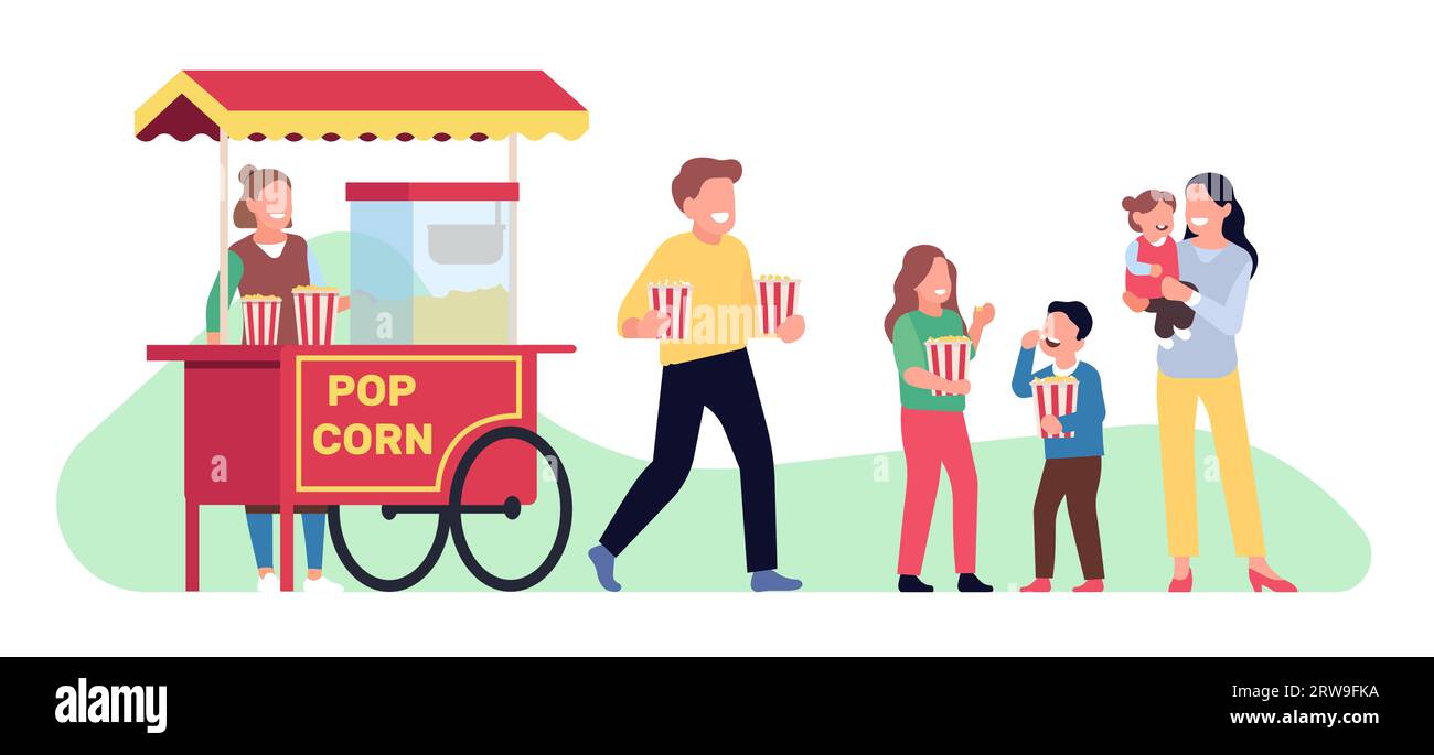 Large family. Cheerful parents with kids buy popcorn near street food ...