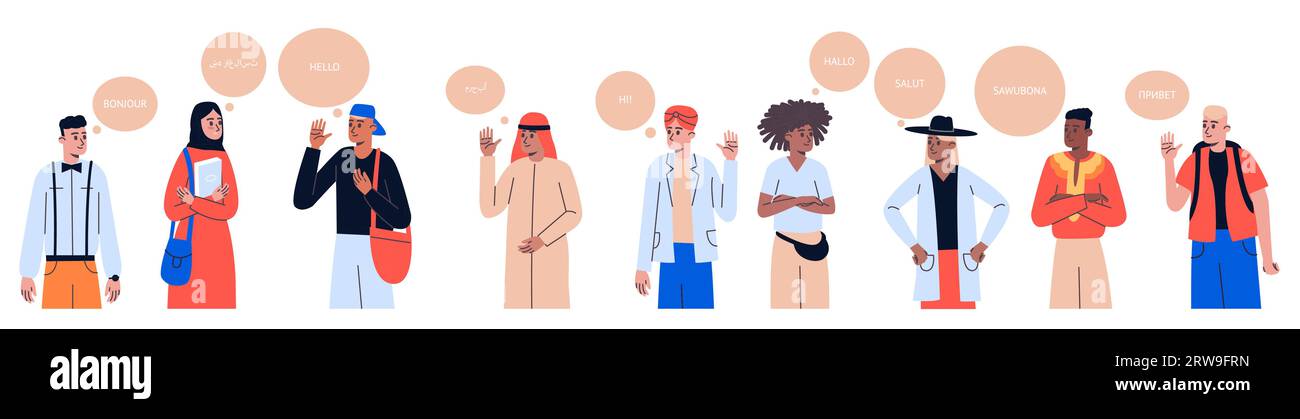 People greeting different languages. Multicultural happy students ...