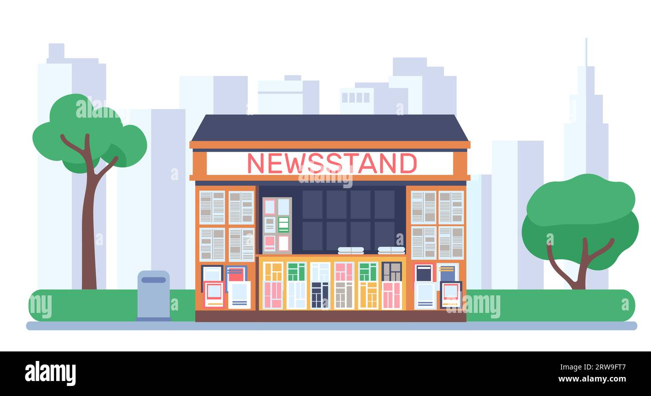 Newsstand kiosk selling magazines or newspapers against background of ...