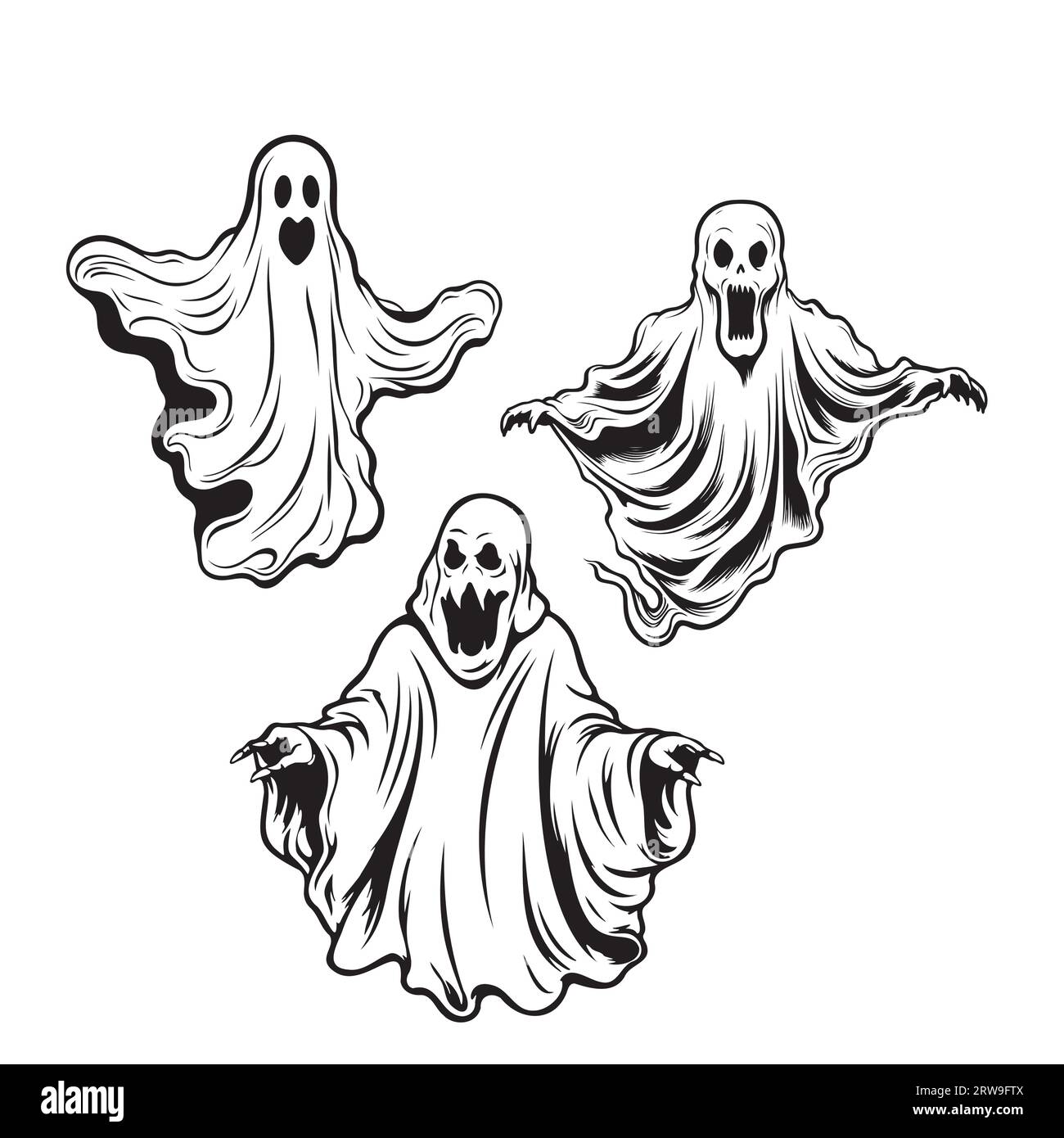 Set of ghosts cartoon sketch hand drawn Halloween illustration Stock ...