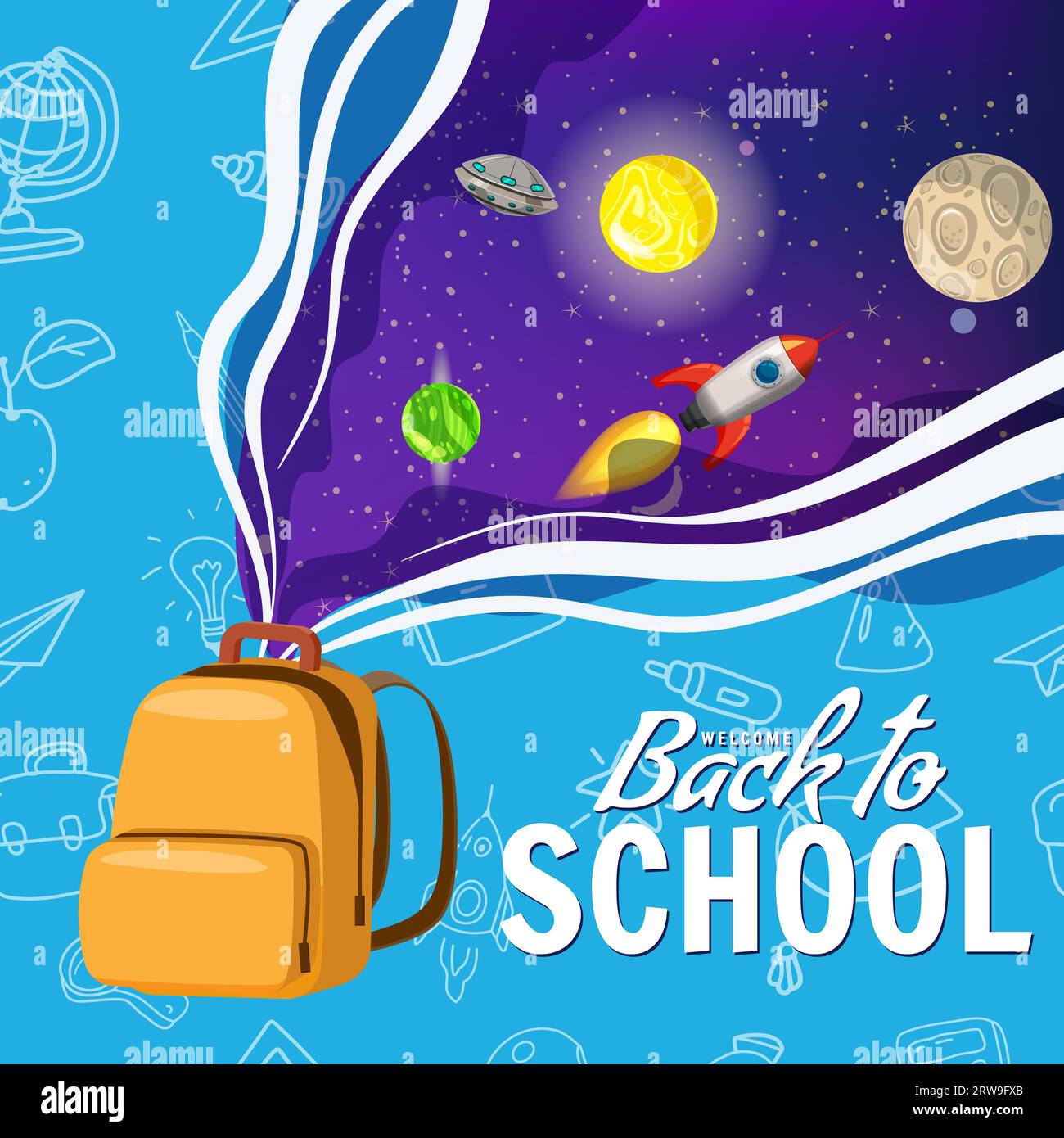 Welcome Back to school poster backpack, space imagination, creative ...