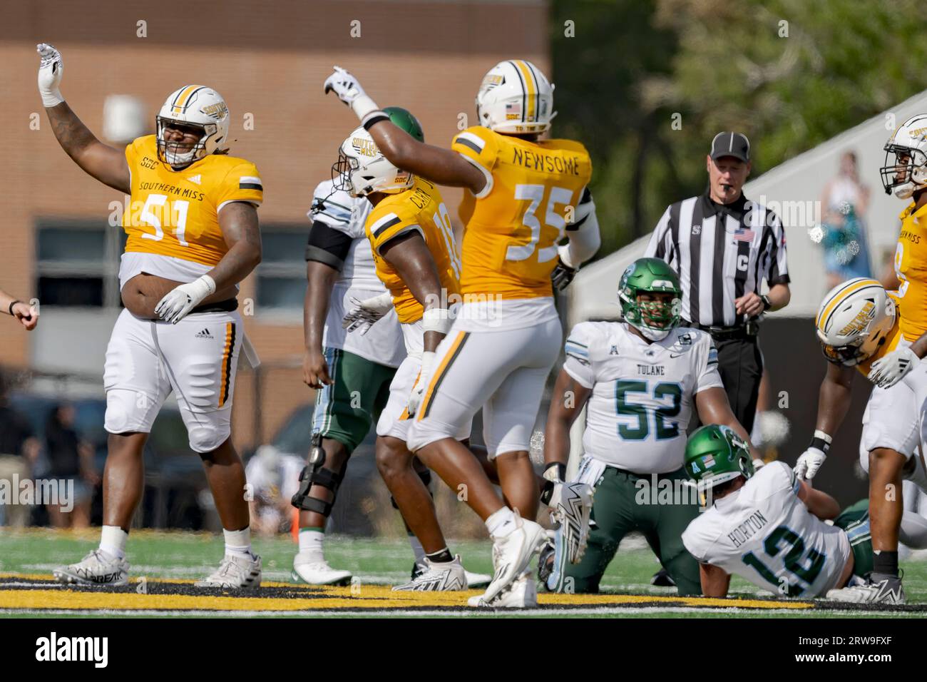 Southern Mississippi offensive lineman Briason Mays (51) celebrates a ...