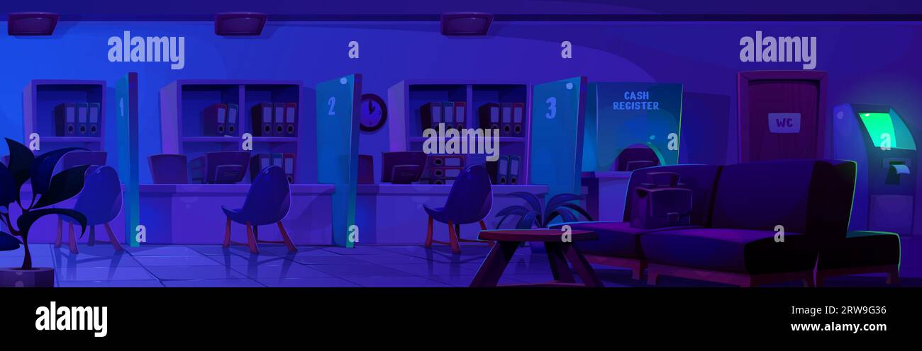 Bank Interior at night- cartoon vector office room from inside with ...