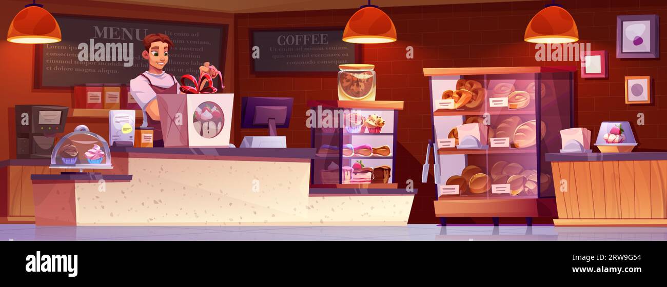 Bake shop interior. Young male assistant or owner of bread and dessert ...
