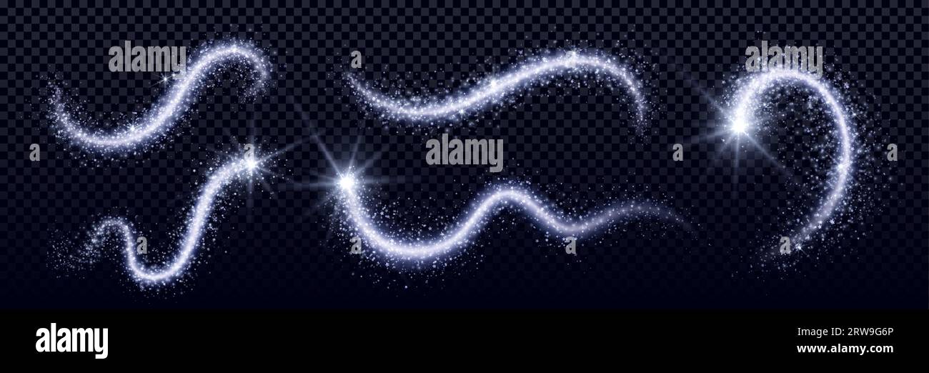 White magic dust with light effect vector set. Glitter spray fairy ...