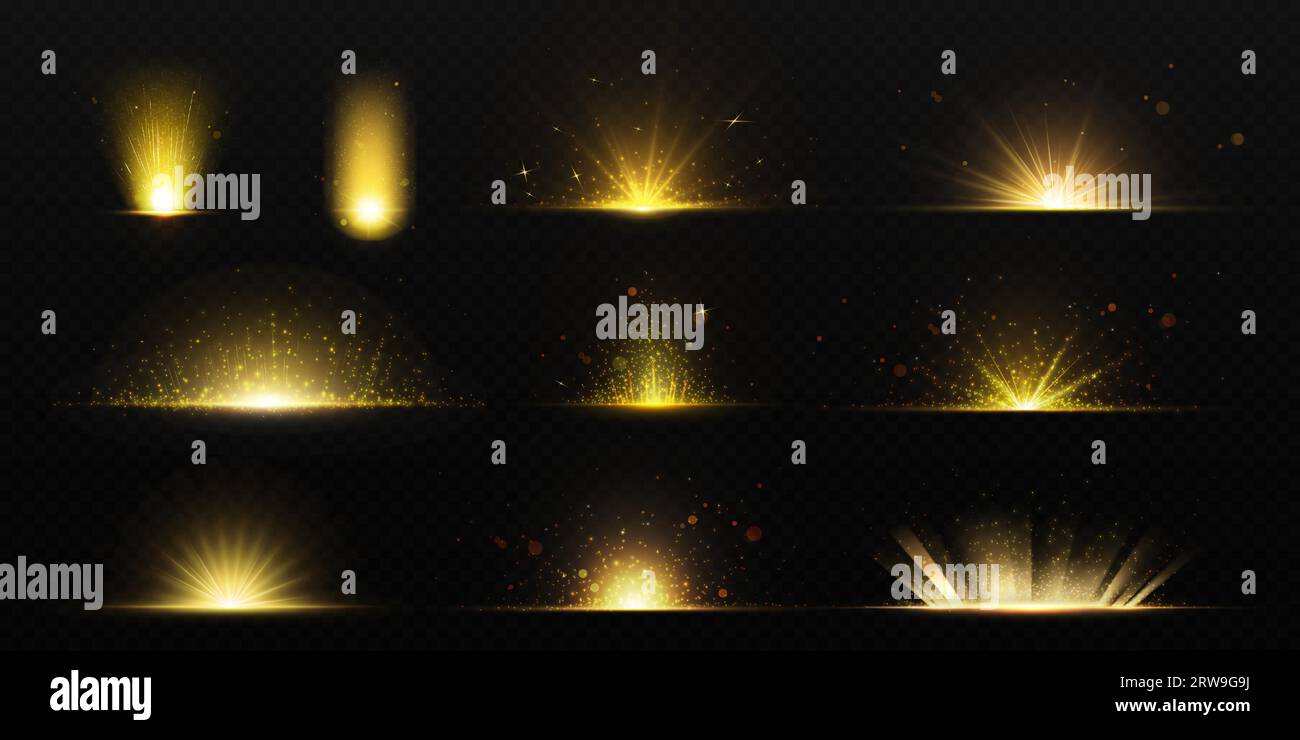Set of golden light flash effects isolated on transparent background ...