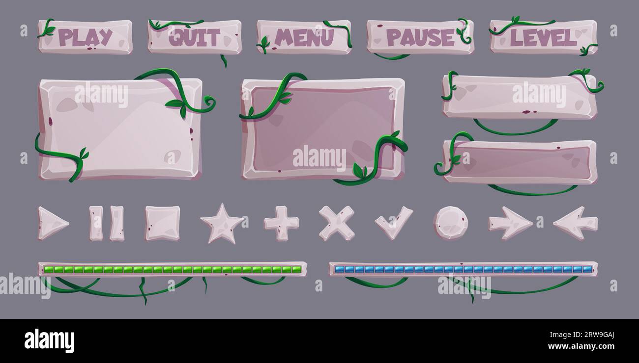 Stone gui elements with jungle vines and leaves - cartoon game user interface design buttons ...
