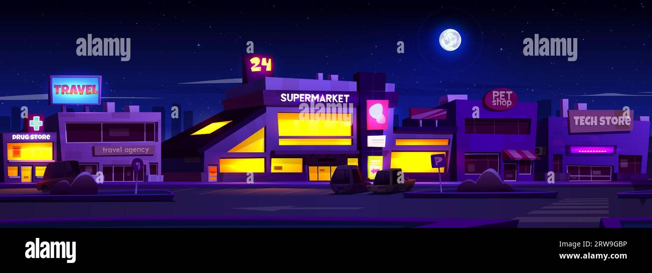 Parking lot of shopping center or supermarket at night - illuminated ...