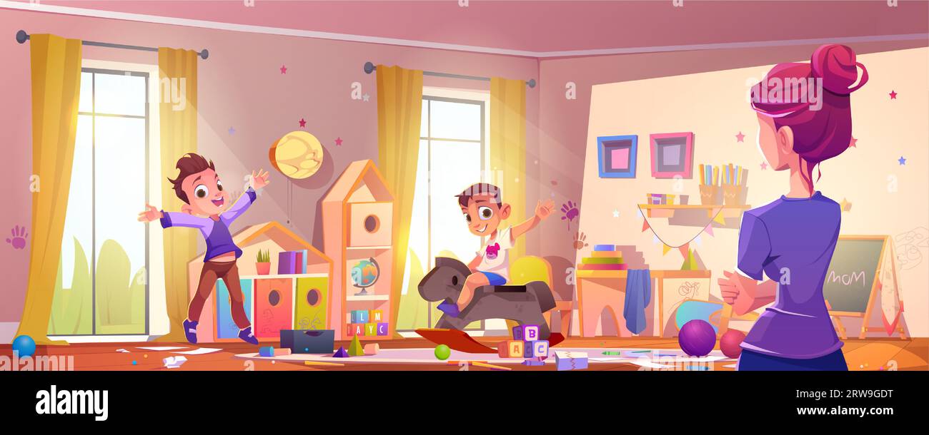Mom and children in messy kid room cartoon vector. Child play toy indoor. Home playroom interior ...