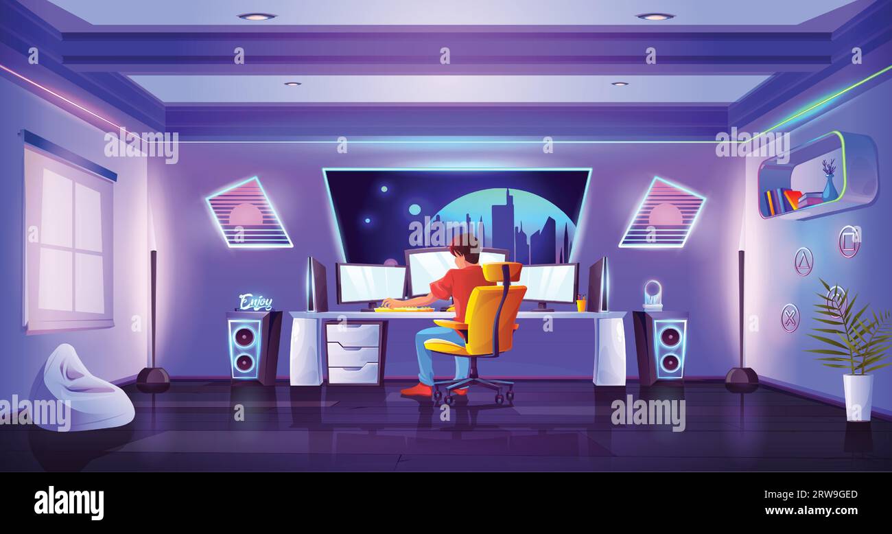 Video gamer teen neon room interior vector cartoon background. Boy ...