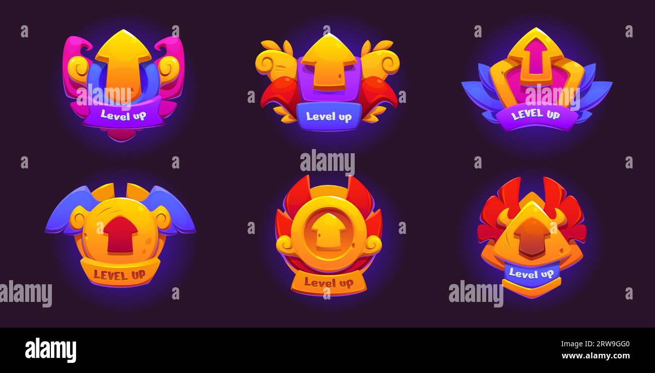 Collection of level up badges isolated on background. Vector cartoon ...