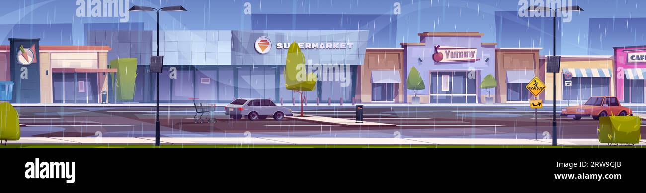 Rain on supermarket parking, store exterior vector. Grocery shop ...