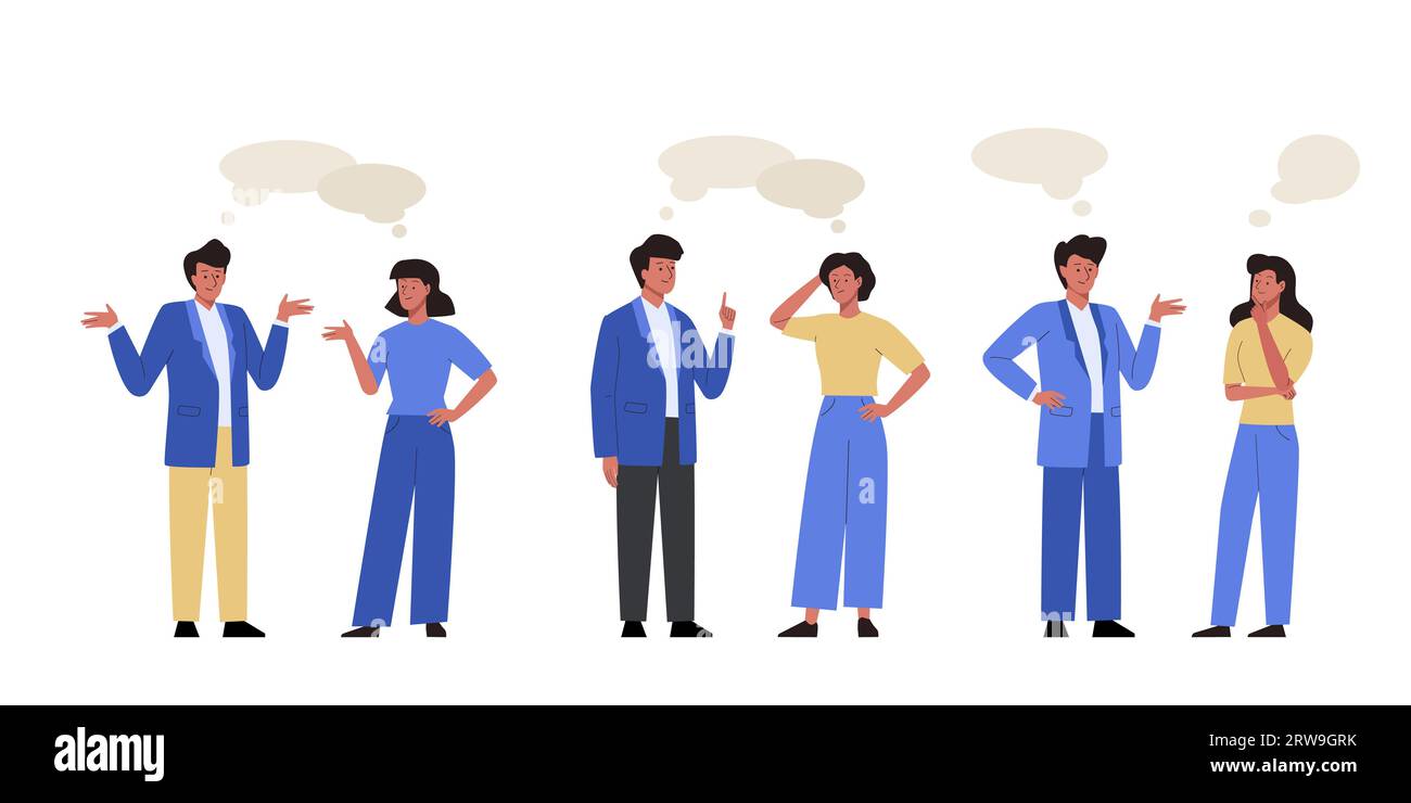 Set of chatting people with speech bubbles. Men and women meet and talk ...