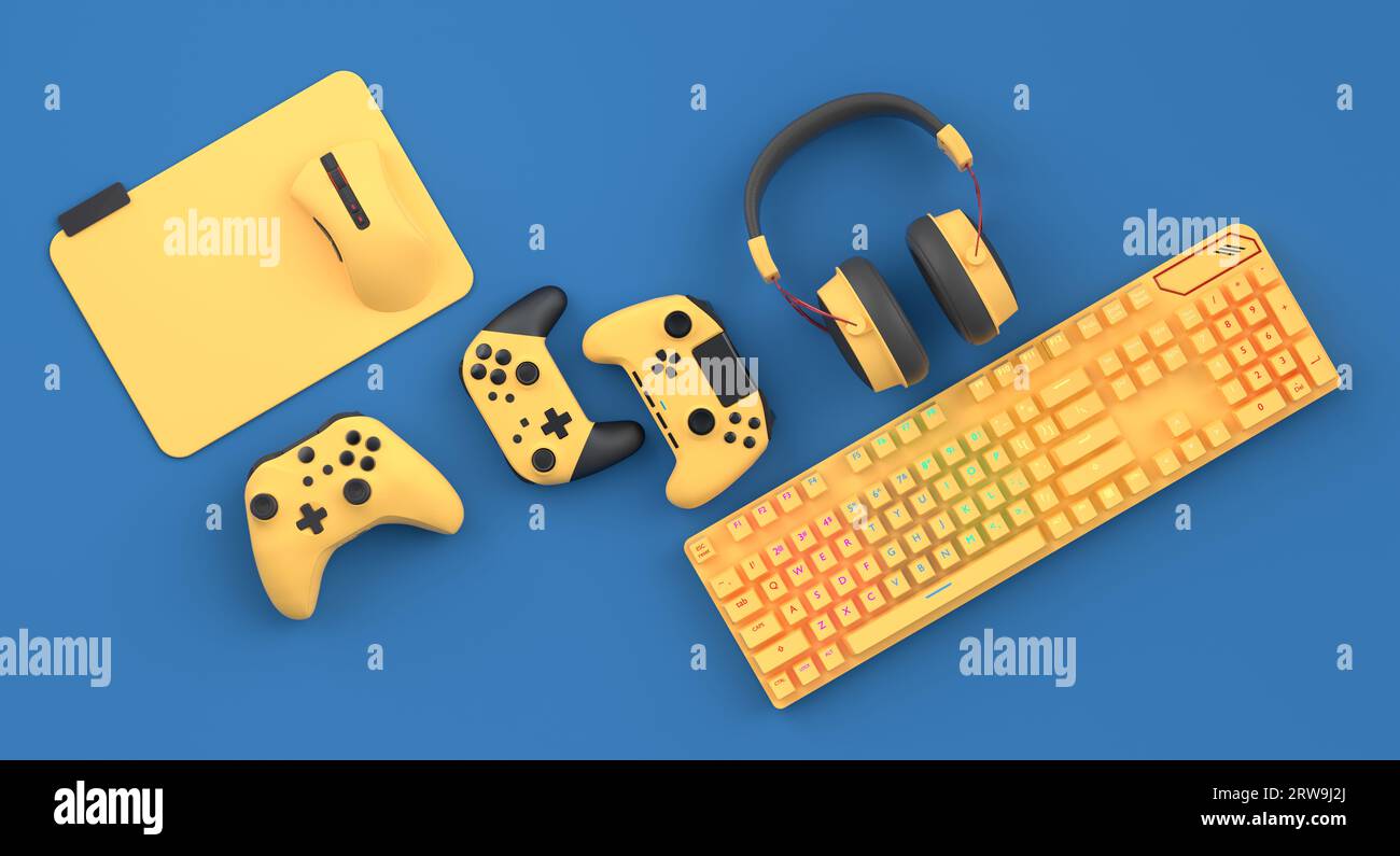 Top view gamer gears like mouse, keyboard, joystick, headphones and ...