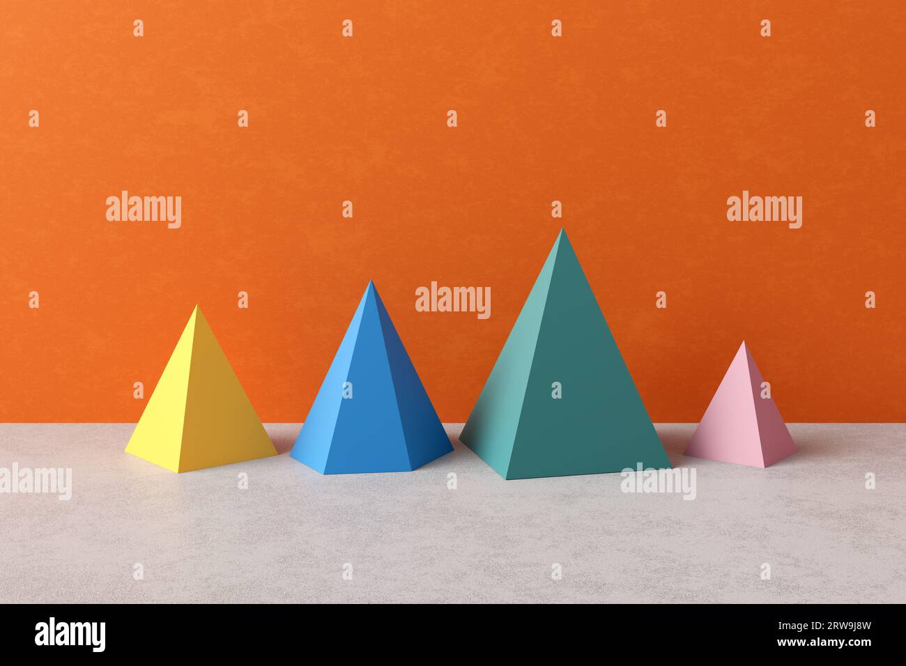 Three-dimensional prism pyramid objects on orange or yellow colored ...