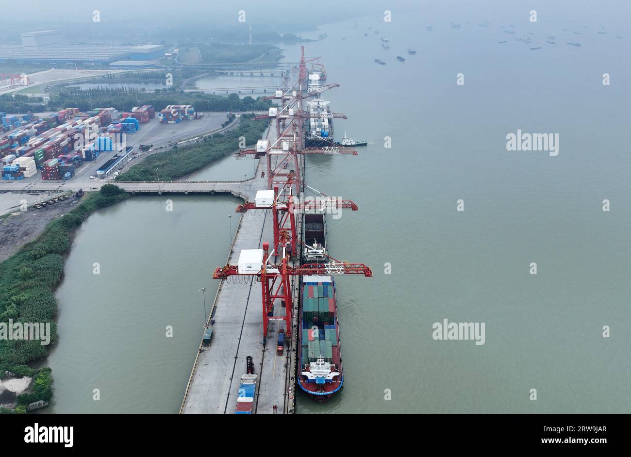Aerial photo shows the container terminal of Yangzhou Port in Yangzhou ...