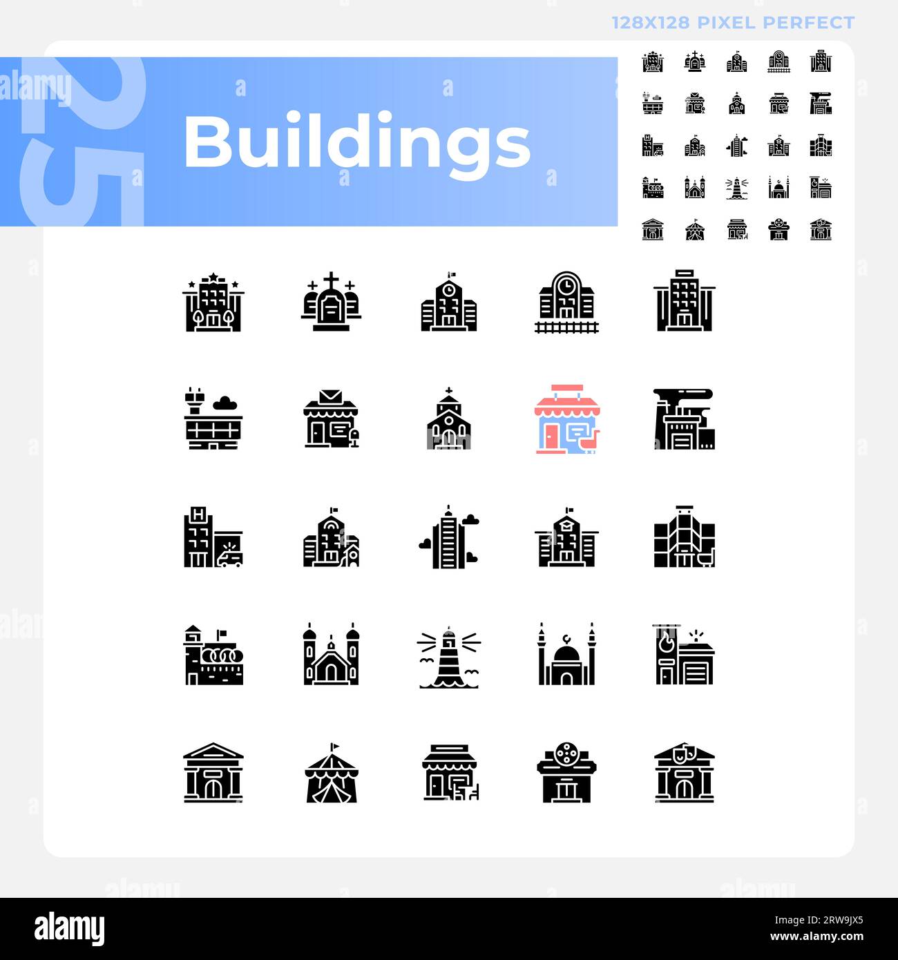 Pixel perfect glyph style building icons set Stock Vector Image & Art ...