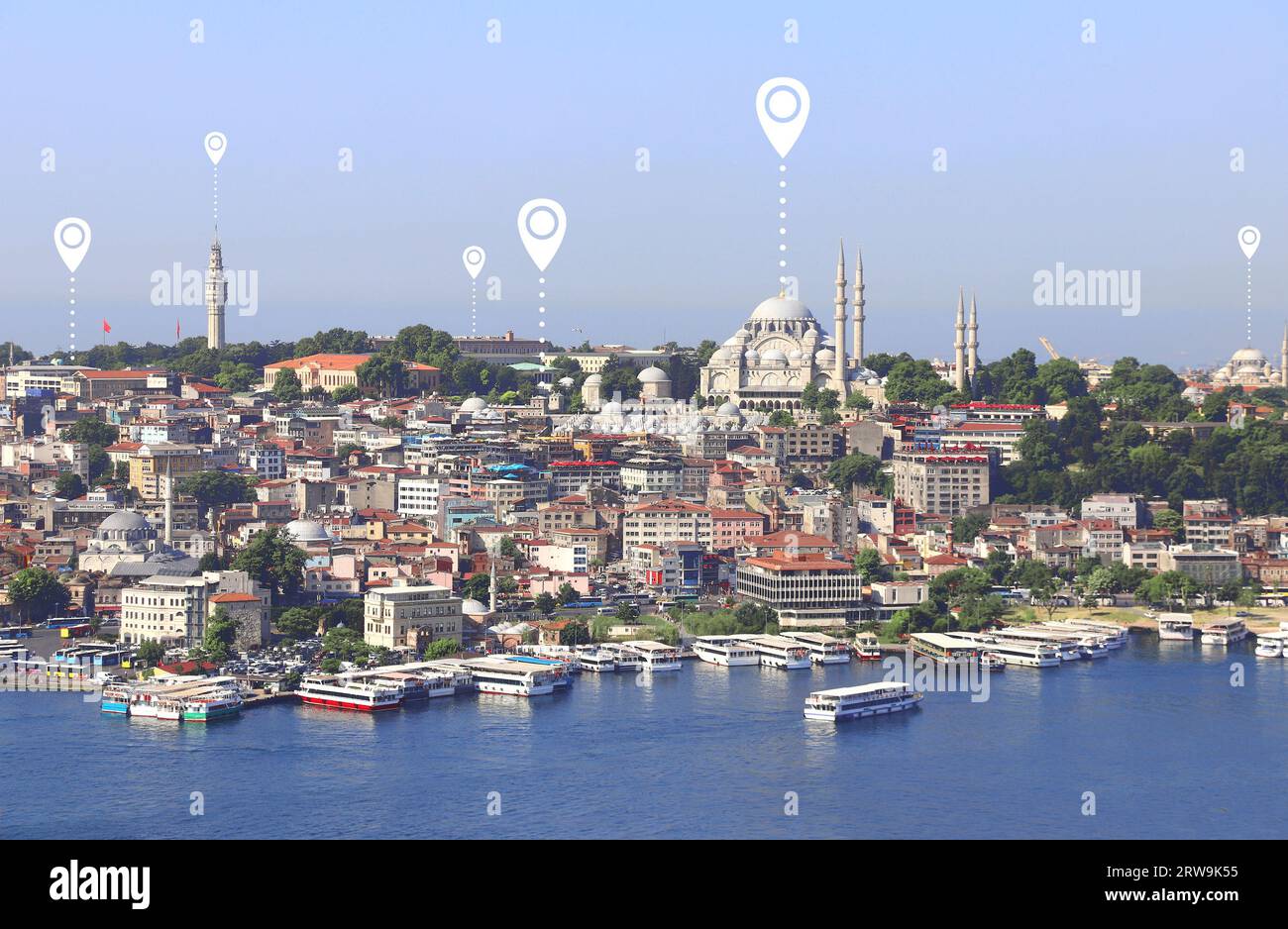 Network connection concept. Aerial view on Istanbul with location pin ...