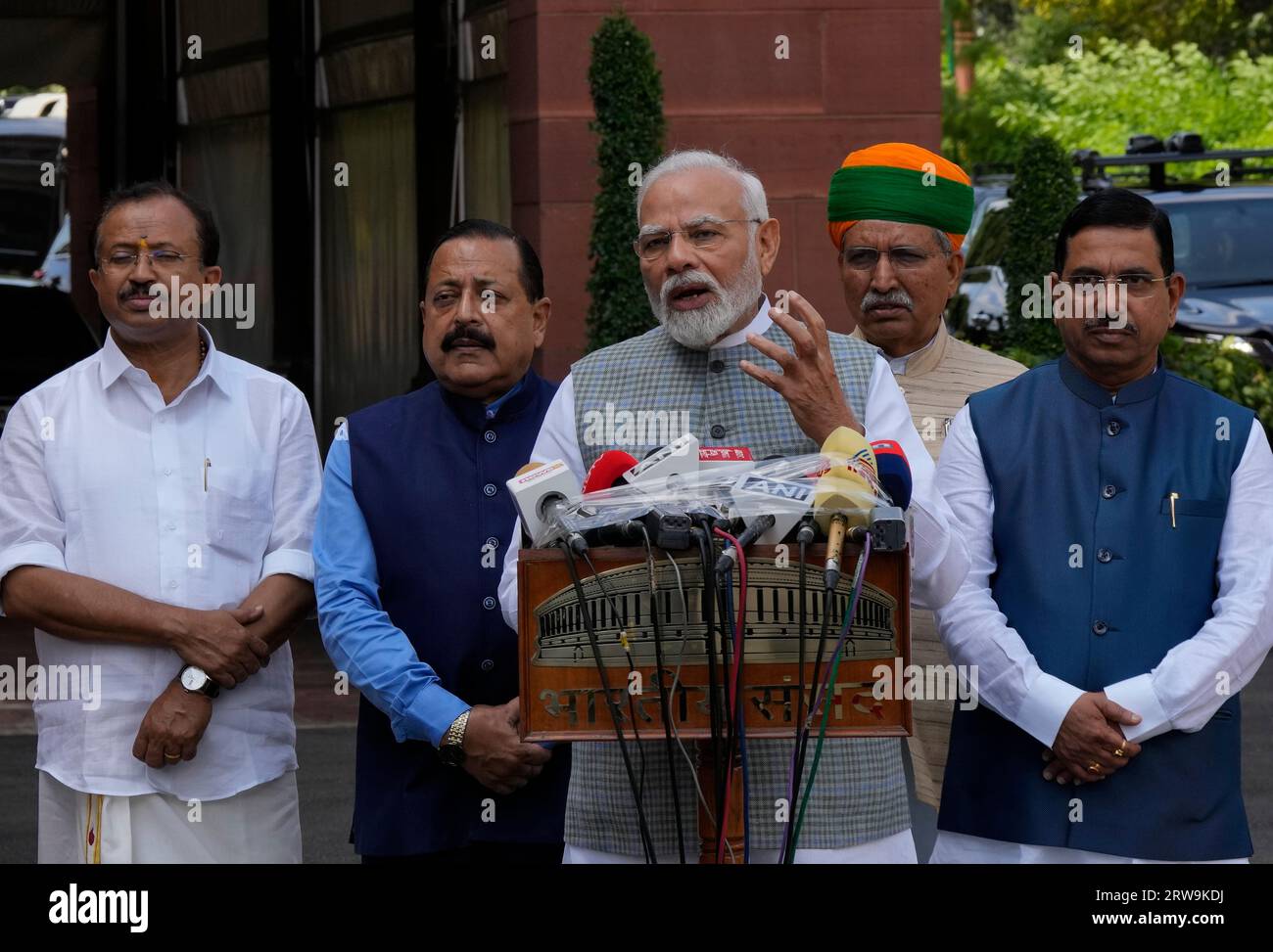 Indian Prime Minister Narendra Modi, center, talks to media upon his ...