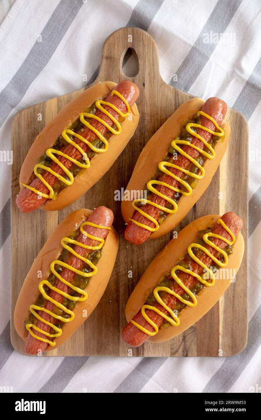 Homemade Gourmet Hot Dogs with Sweet Relish and Mustard, top view. Flat ...