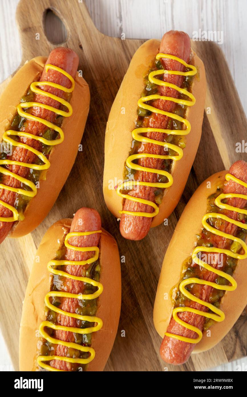 Homemade Gourmet Hot Dogs with Sweet Relish and Mustard, top view. Flat ...