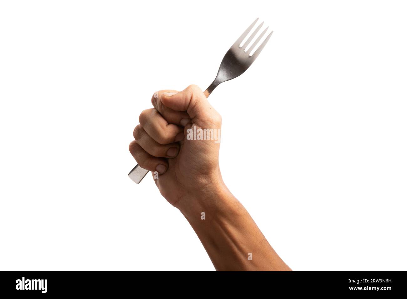 black male hand holding a silver fork on an isolated white background ...