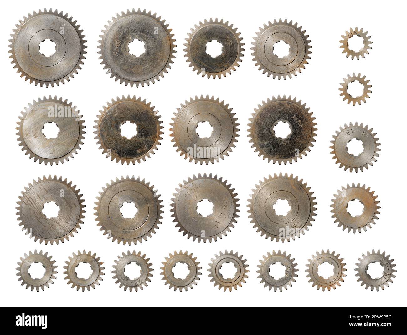 Old used steel cog gears isolated on white Stock Photo - Alamy