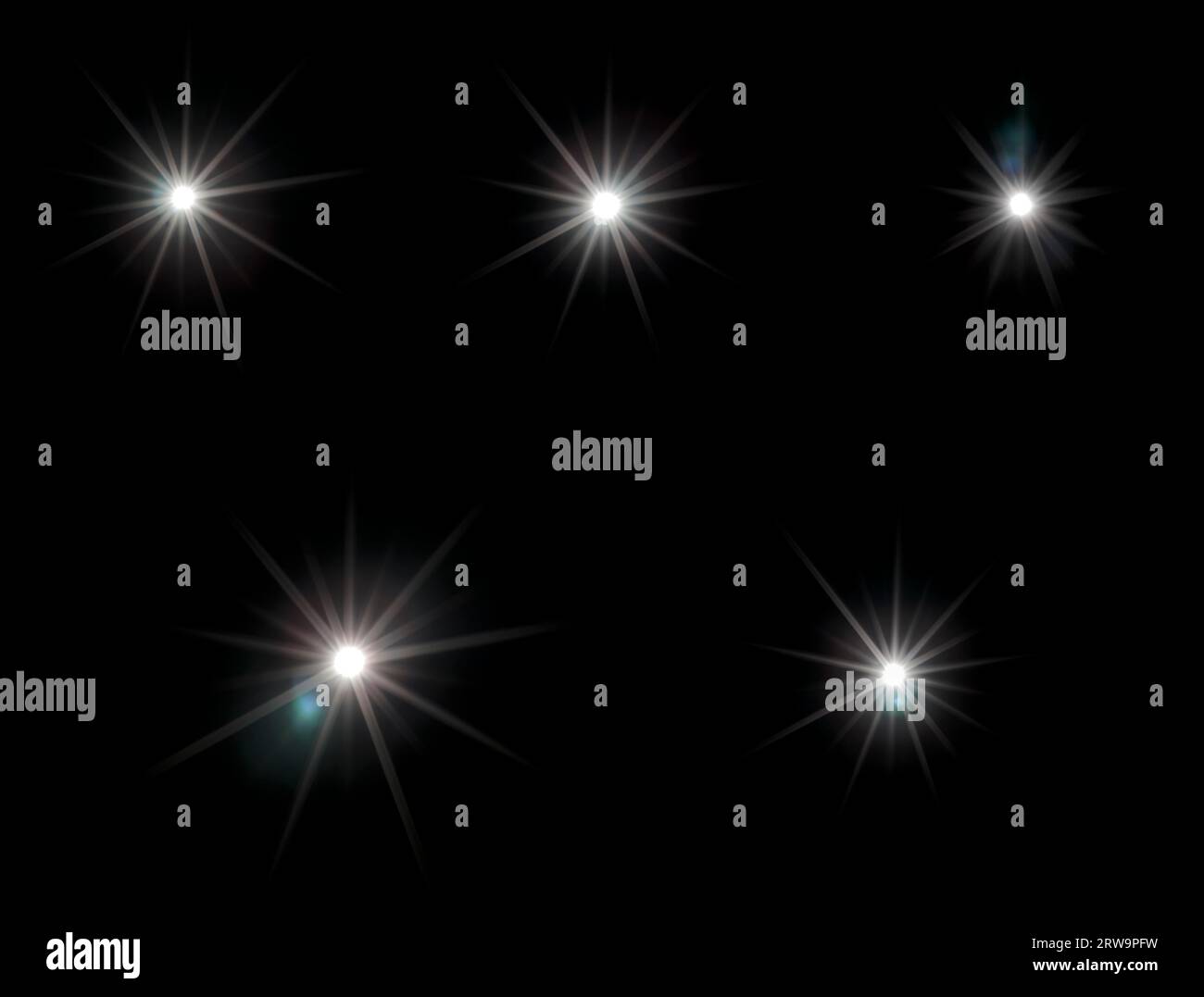 A Set of five real lens flares on black background. Round light source ...