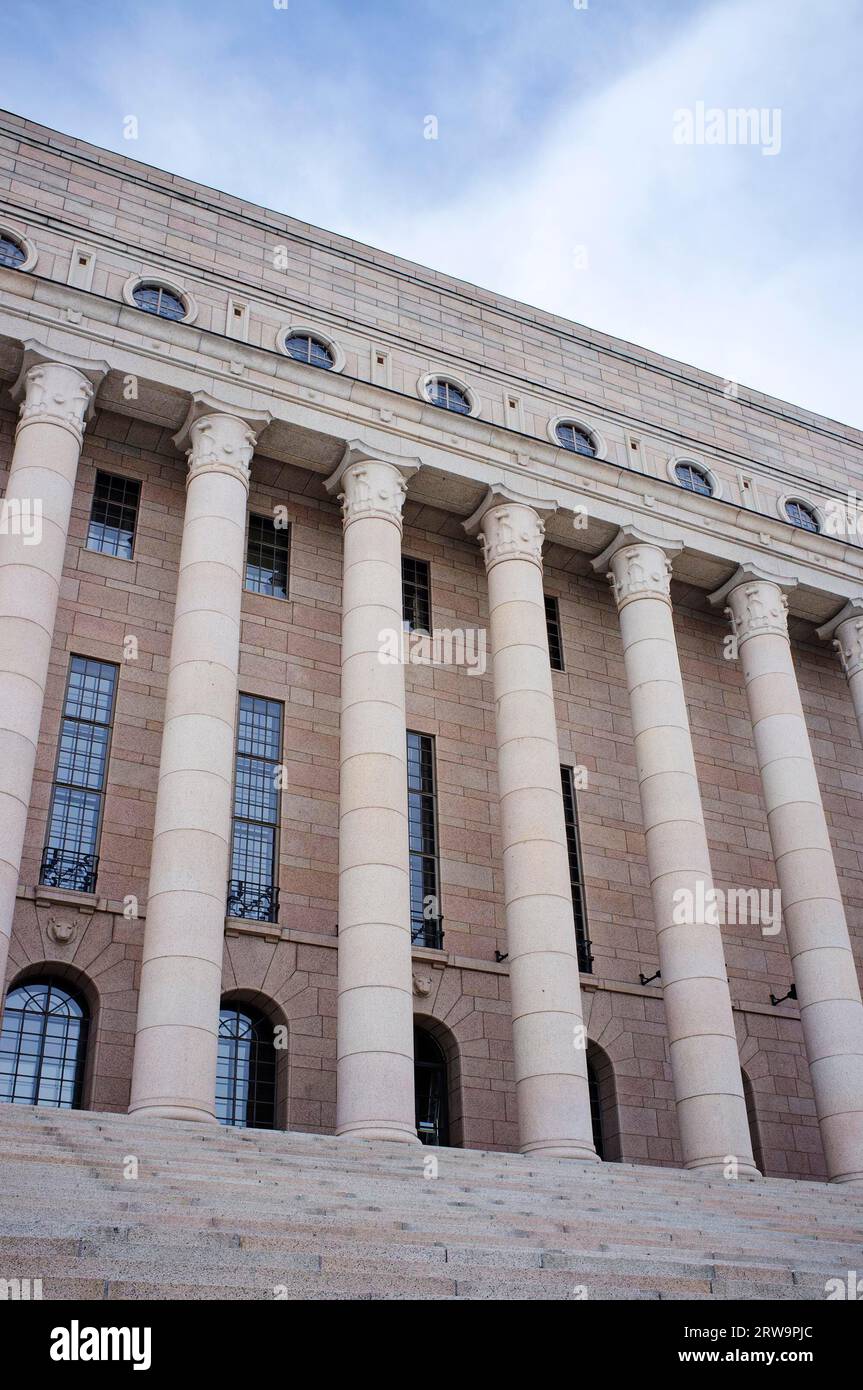 Detail of Finnish Parliament house. The unicameral parliament has 200 ...