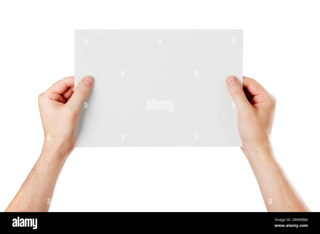 Man holding a light grey peper in his hand against white background ...