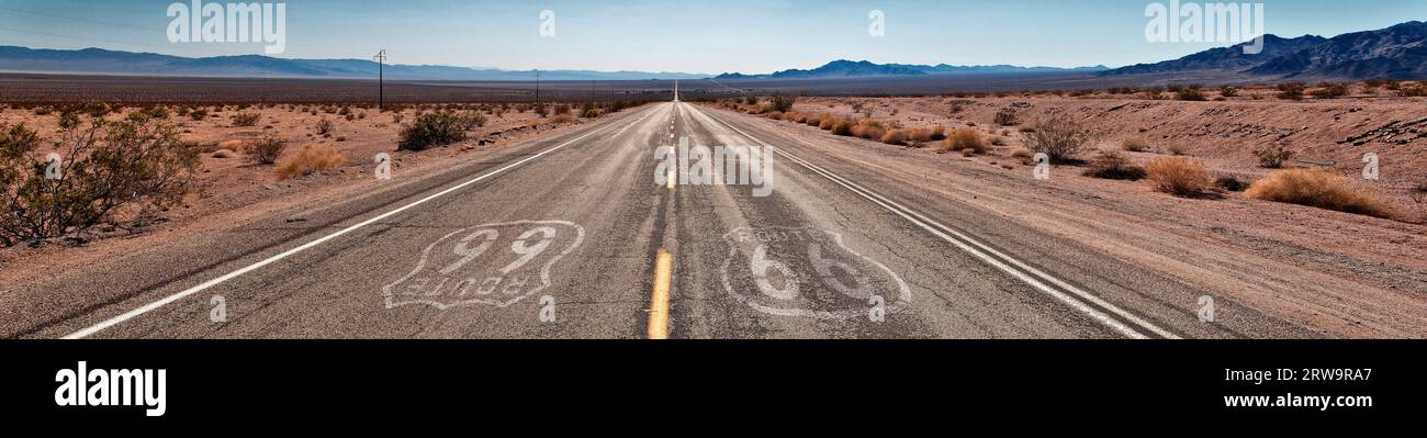Route 66 towards Joshua Tree National Park, panoramic view Stock Photo ...