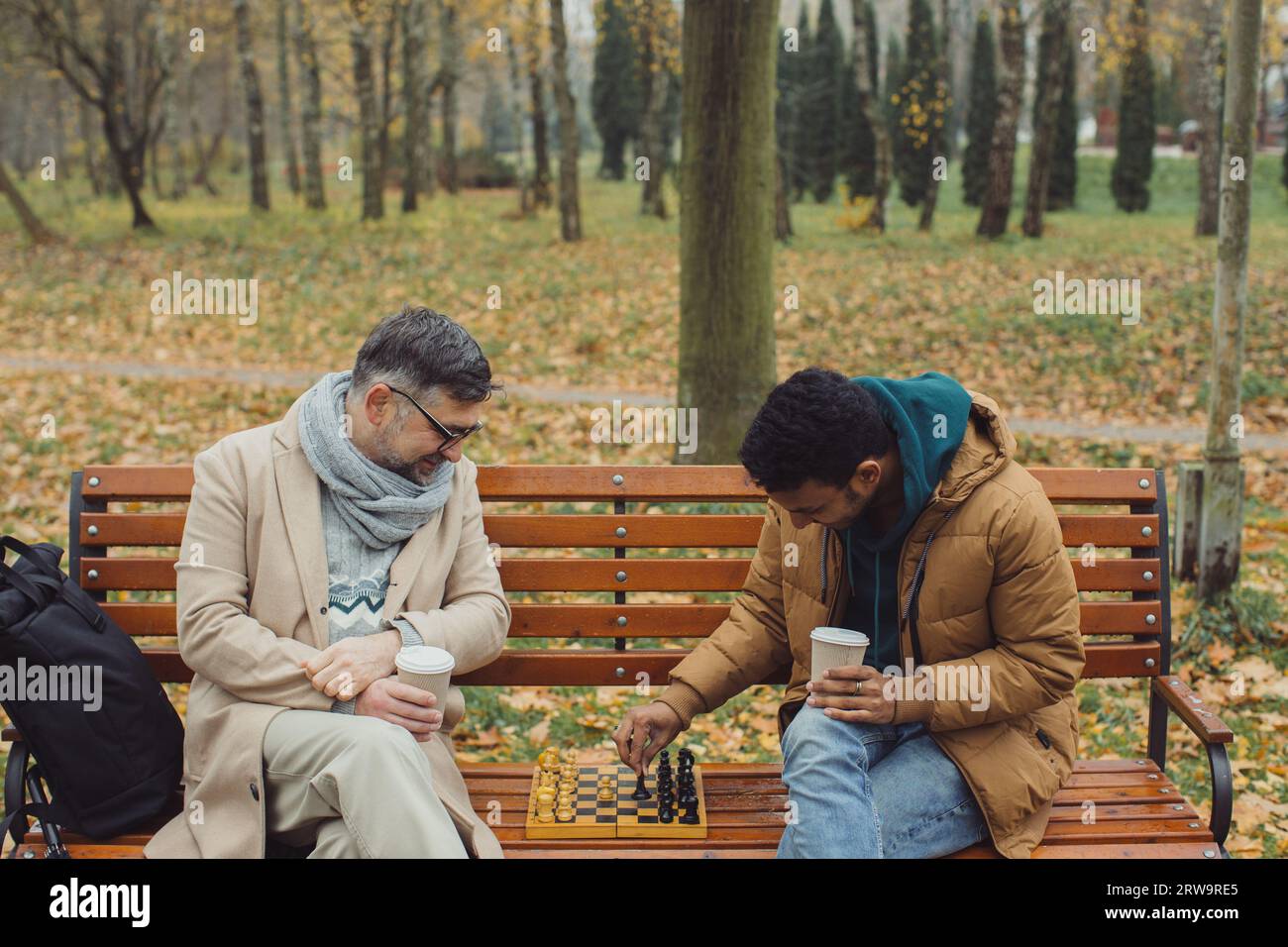 Friends play chess on a bench in an autumn park. Multicultural ...