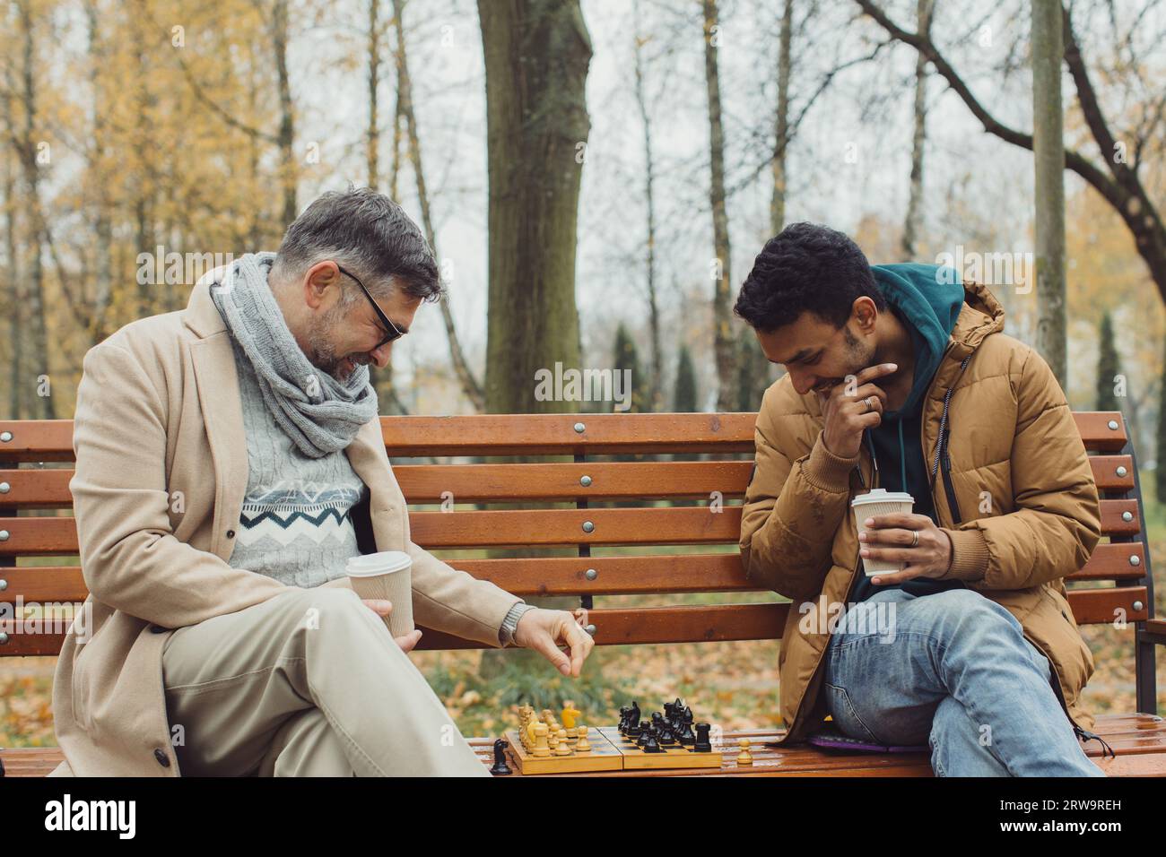 Friends play chess on a bench in an autumn park. Multicultural ...